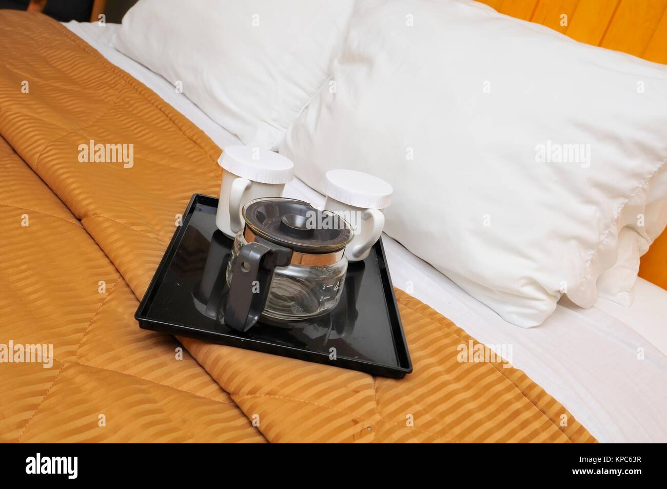 Coffee maker and drink utensils on soft and comfortable bed Stock Photo ...