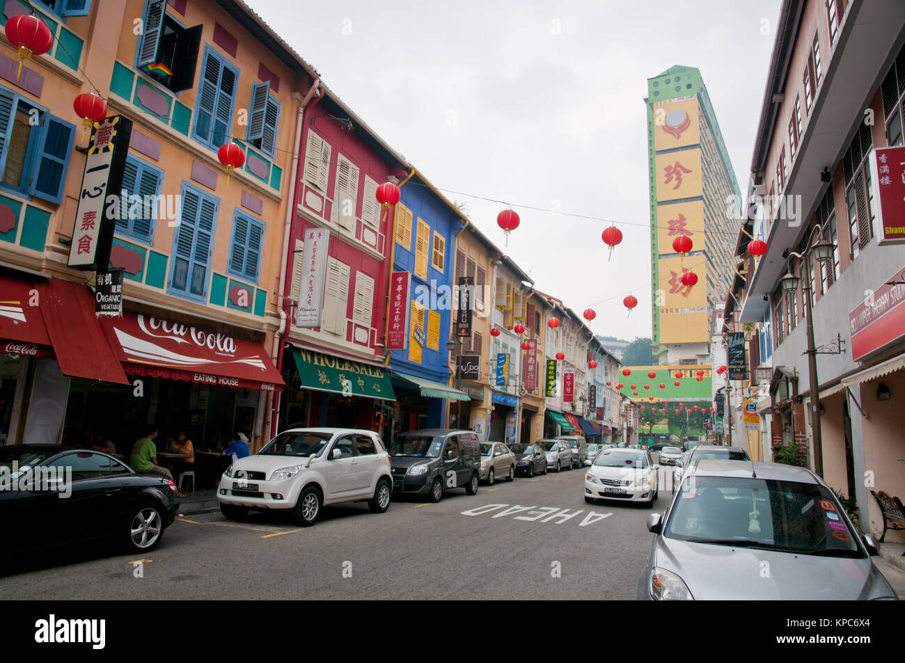 Colorful street in Chinatown with historical architecture preserved ...
