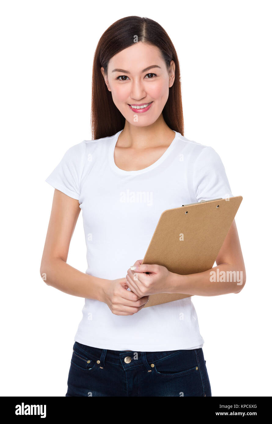 Woman holding with clipboard Stock Photo - Alamy