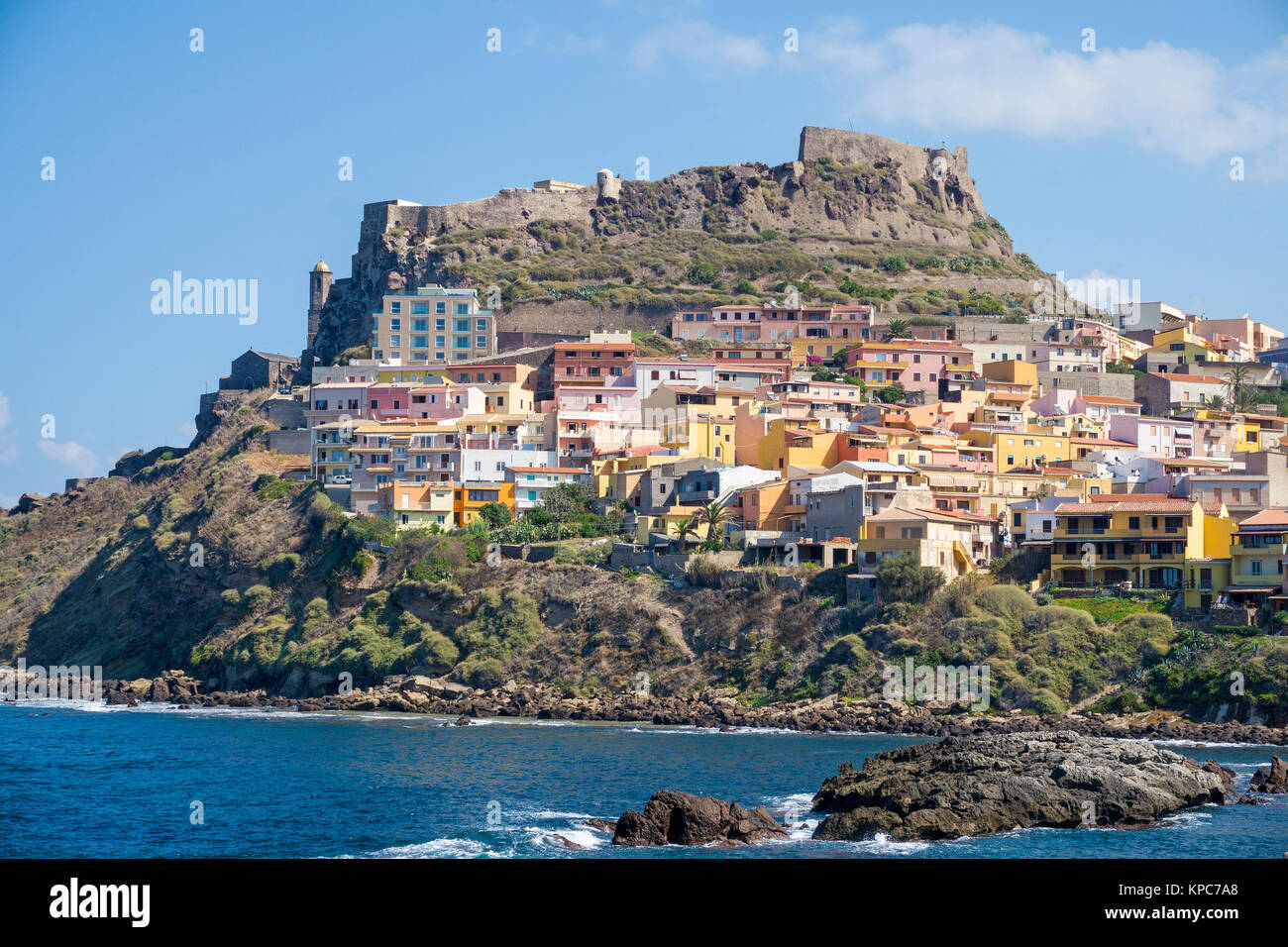 The village Castelsardo with fortress on top of hill, Sardinia, Italy ...