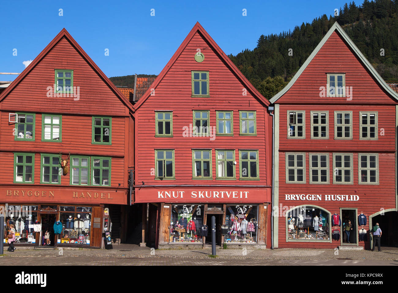 Three wooden buildings of Bryggen, Bergen, Norway Stock Photo - Alamy