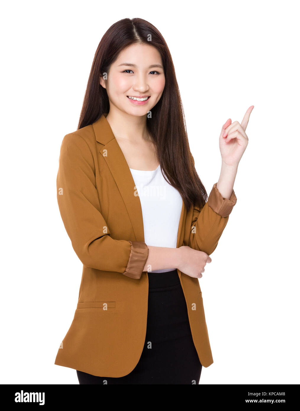 Woman with finger up Stock Photo - Alamy