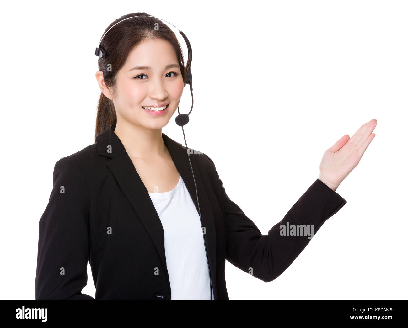 Customer services officer with open hand palm Stock Photo - Alamy