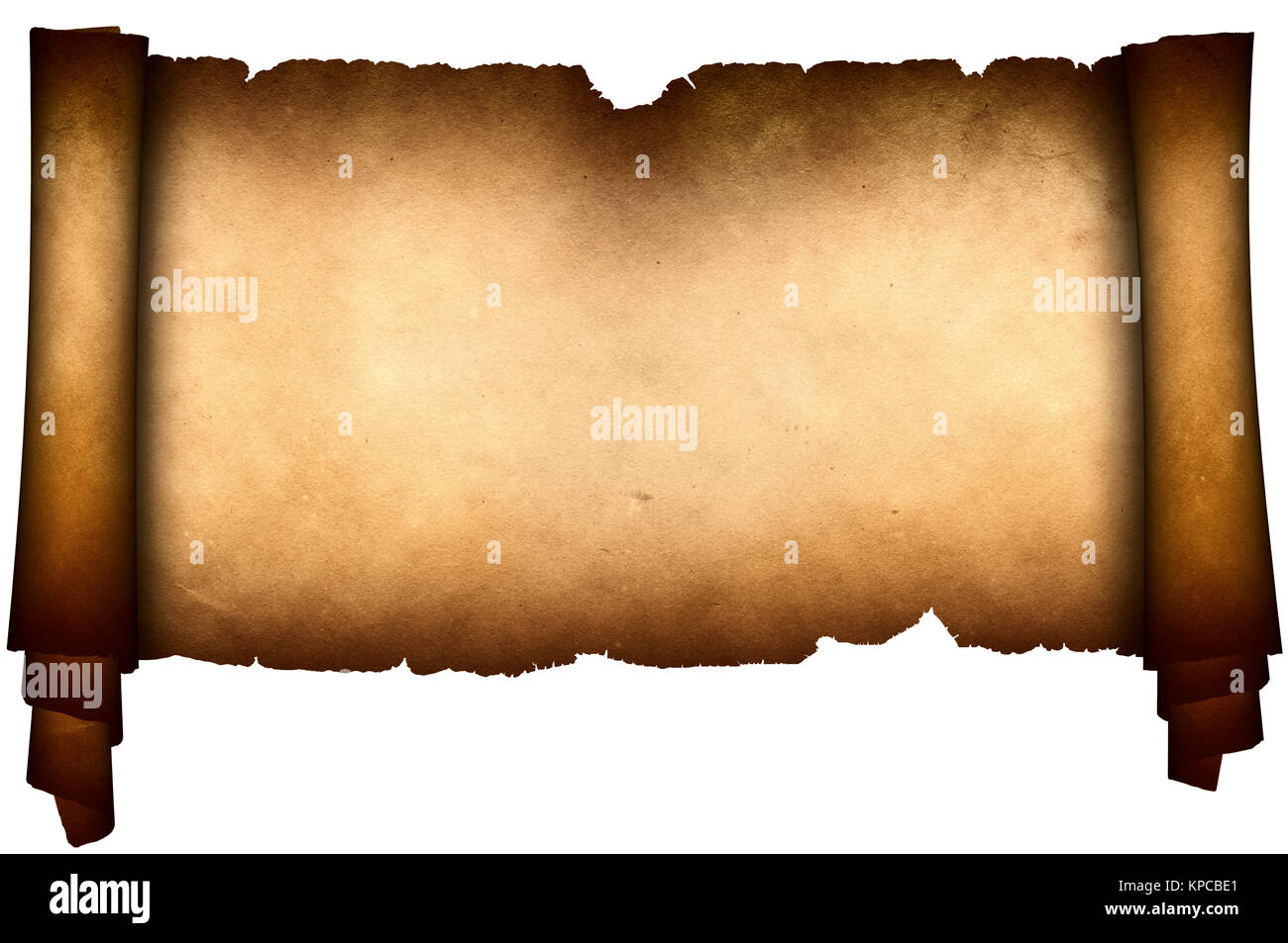 Antique scroll of burnt parchment on white background. Isolated object ...