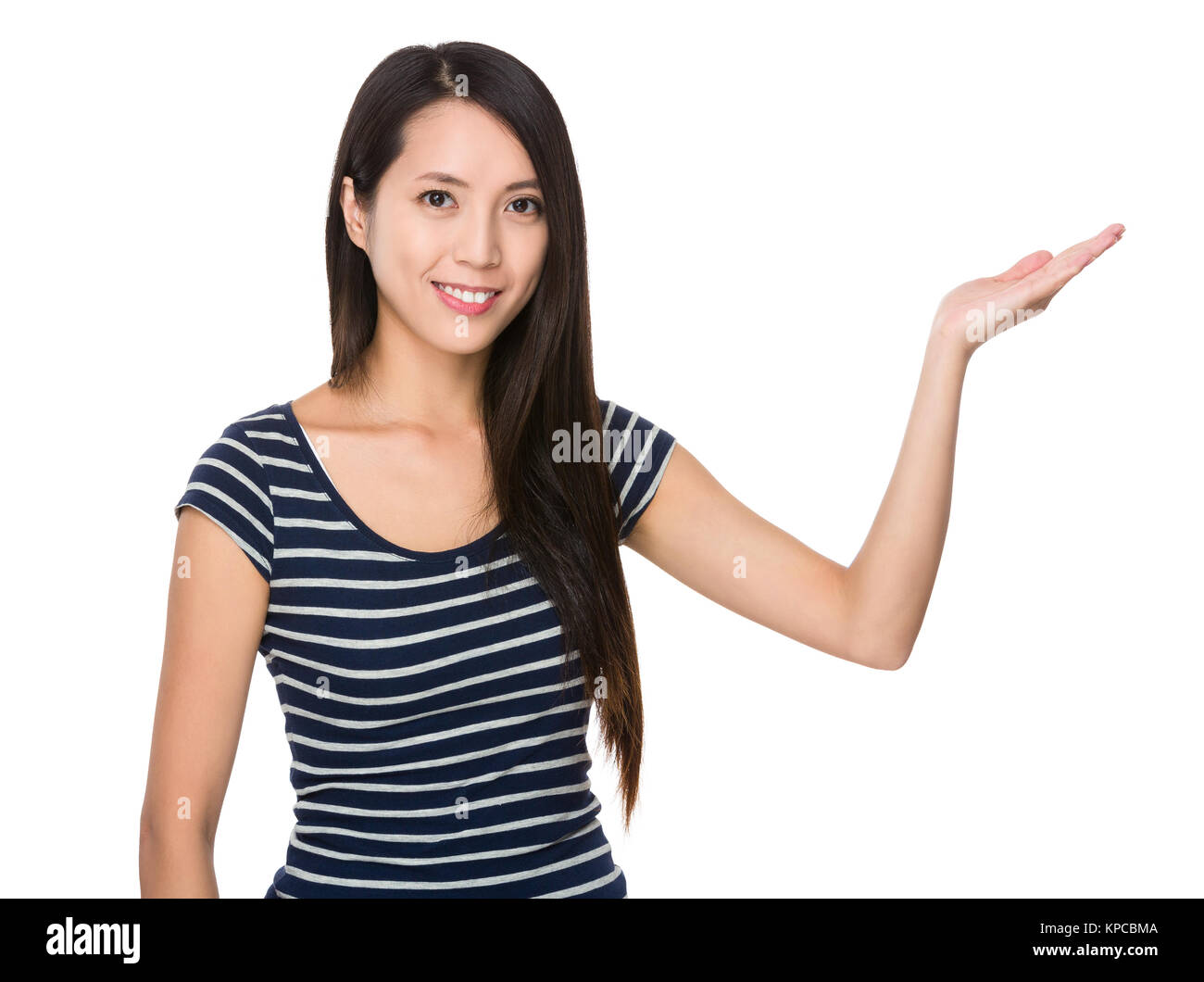 Asian Young Woman with open hand palm Stock Photo - Alamy