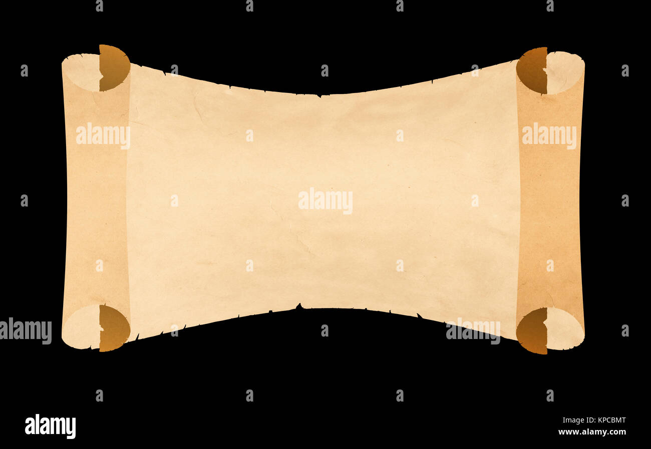 Torn scroll of antique parchment on black background Stock Photo - Alamy