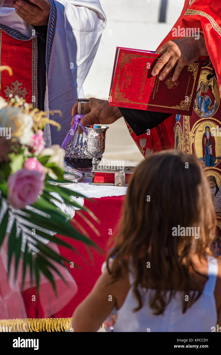 Priests during Wedding ceremony in St. Paul´s bay on Rhodes, Greece ...