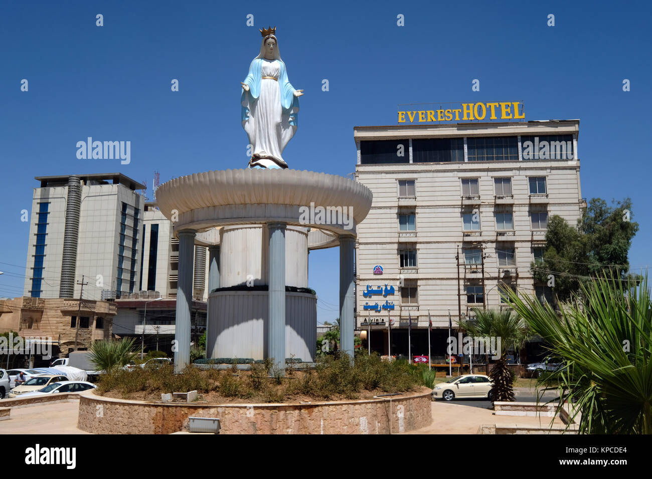 Statue of Mary on a square in the Christian suburb Ankawa of the ...