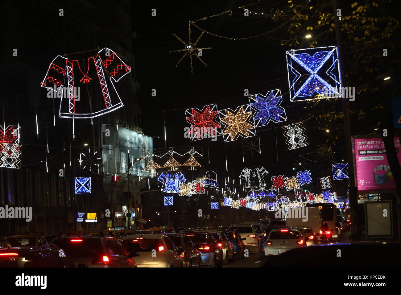 Bucharest, Romania - December 09, 2017: Nightscene in Bucharest center ...