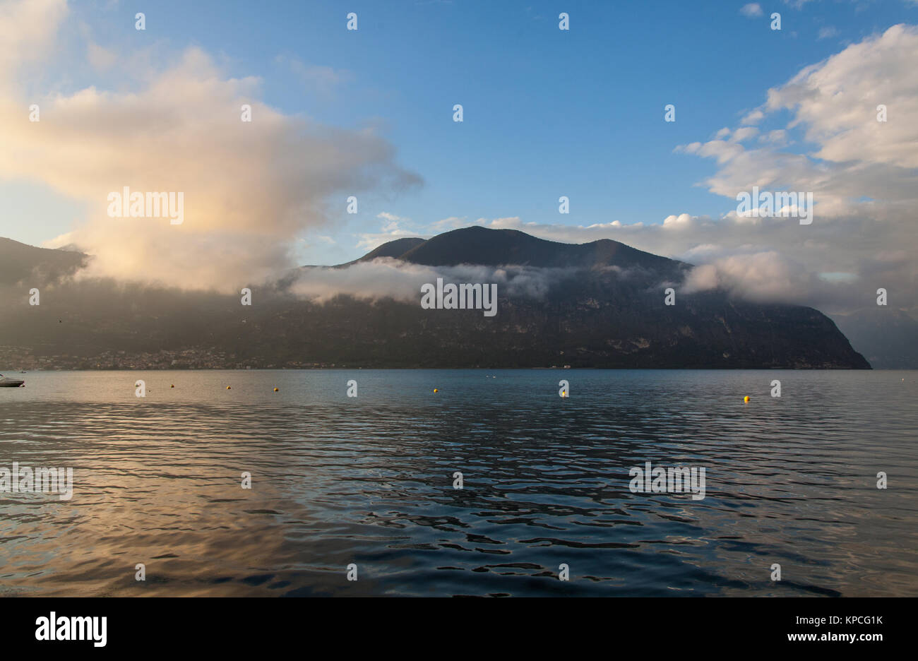 Lake Iseo, Italy. Picturesque dusk view of Lake Iseo, with the Predore ...