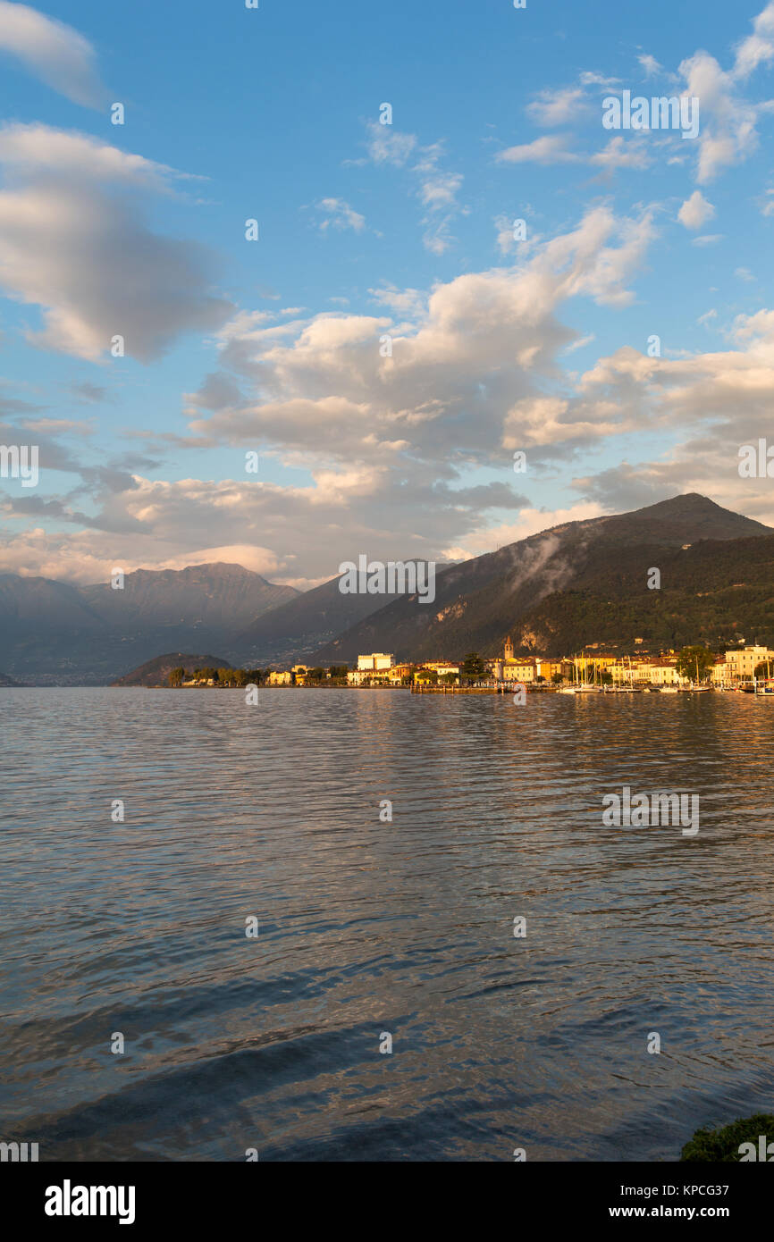 Lake Iseo, Italy. Picturesque dusk view of Lake Iseo, and the town of ...