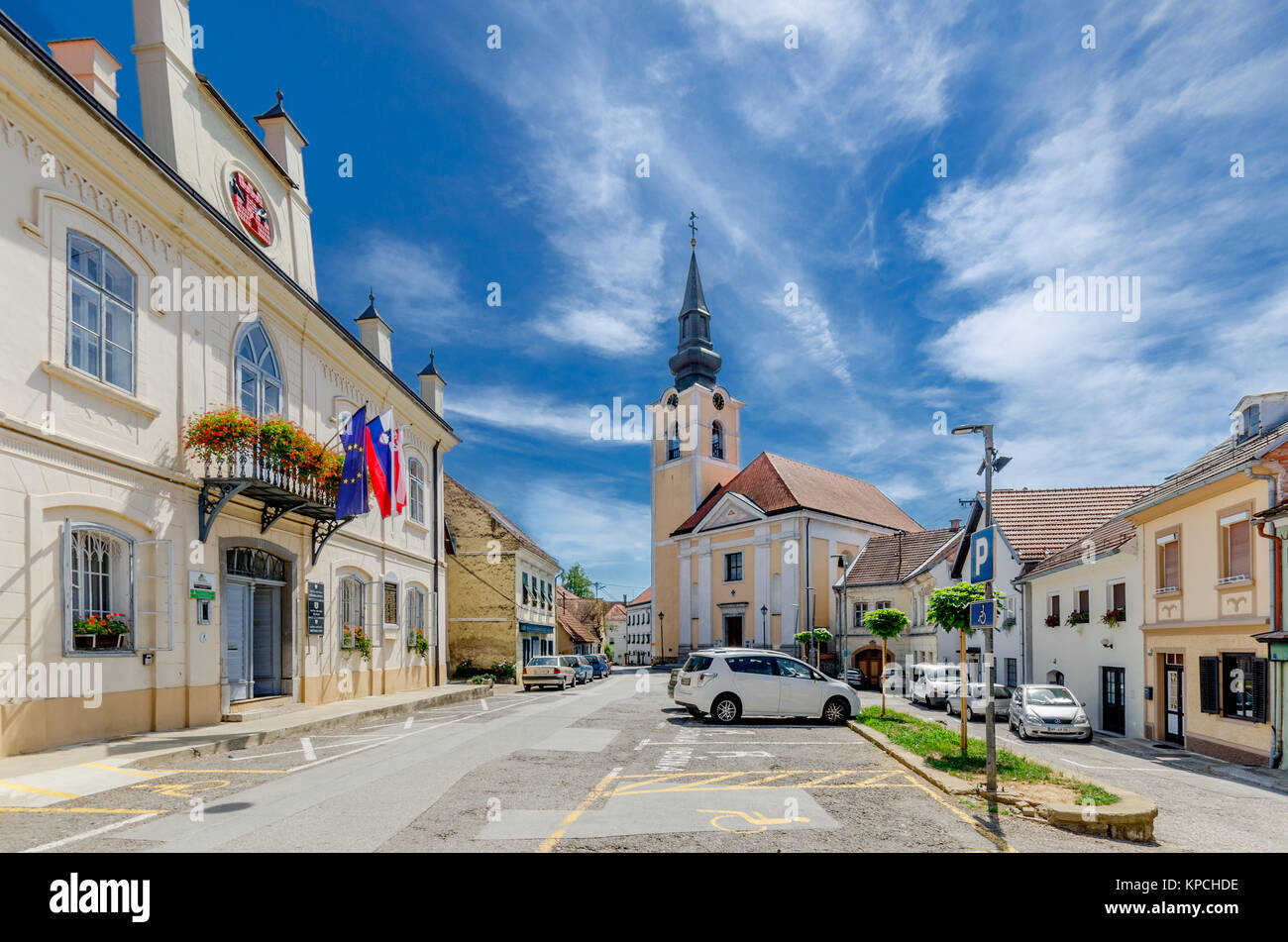 Mestni trg square, townhall and St. Nicholas church, Town of Metlika ...