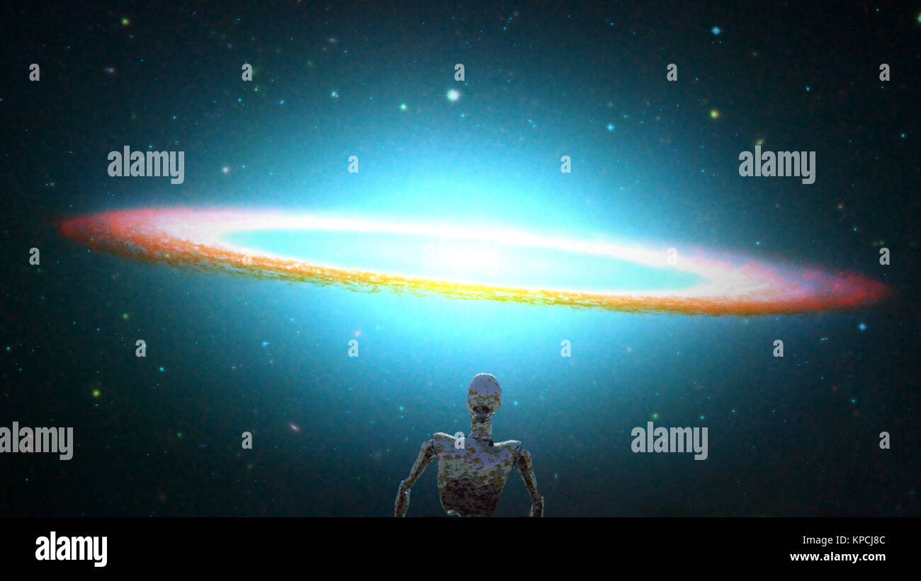 Rusted alien robot. Vivid galaxy disk. 3D rendering Stock Photo - Alamy