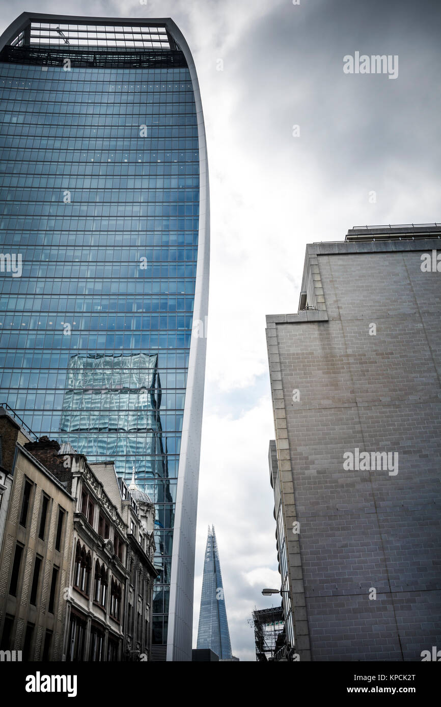 City of London buildings under two skyscrapers at Fenchurch Street ...