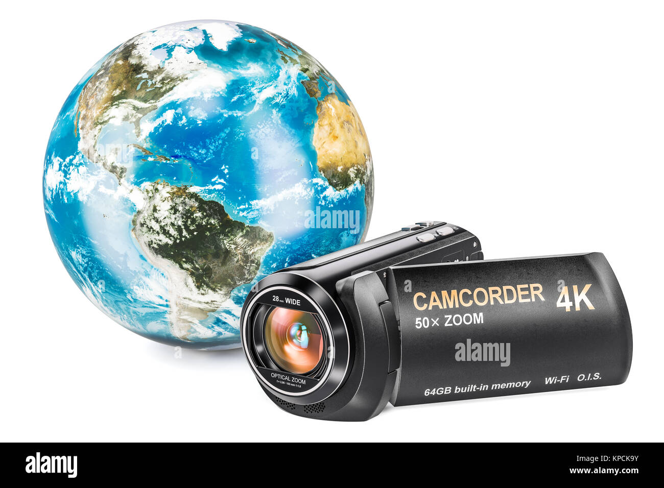 Earth Globe with camcorder, 3D rendering isolated on white background ...