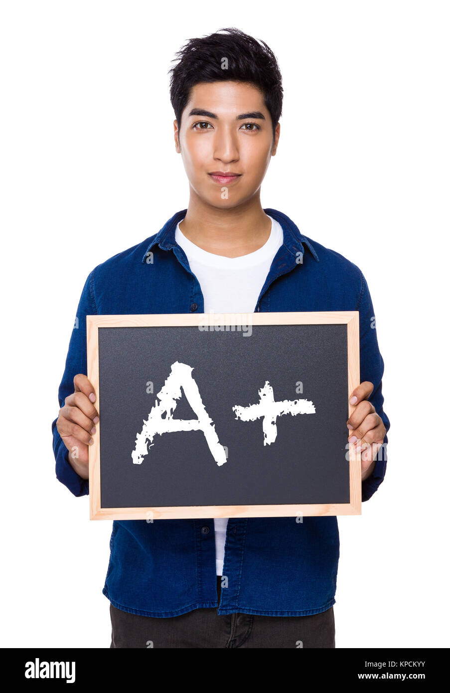 Indian man show with chalkboard showing sign of A plus Stock Photo - Alamy