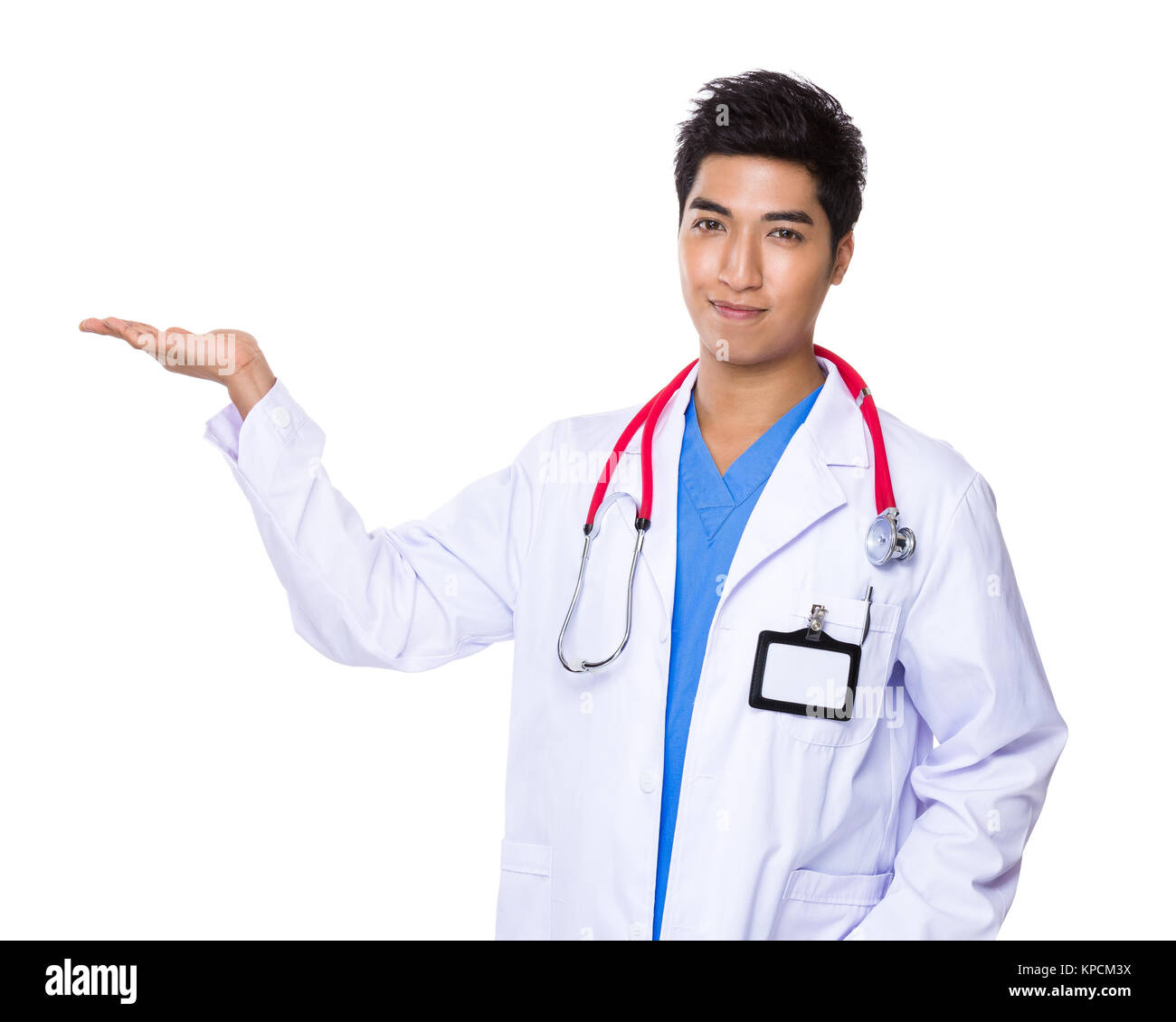 Doctor man with hand showing blank sign Stock Photo - Alamy