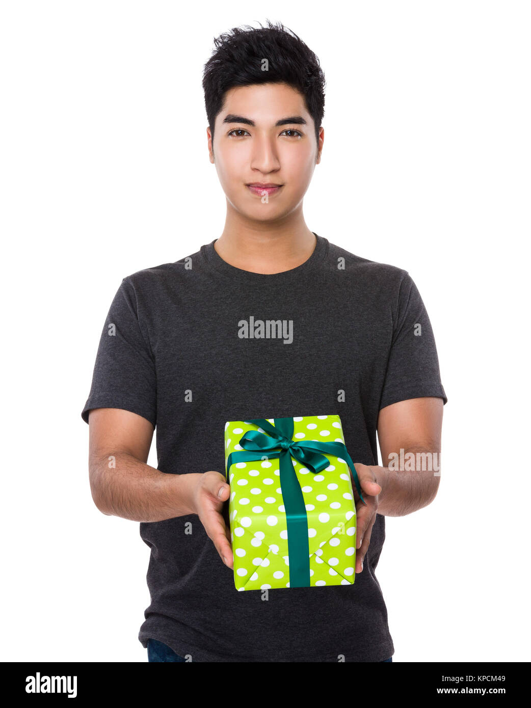 Asian man hold with gift box Stock Photo - Alamy