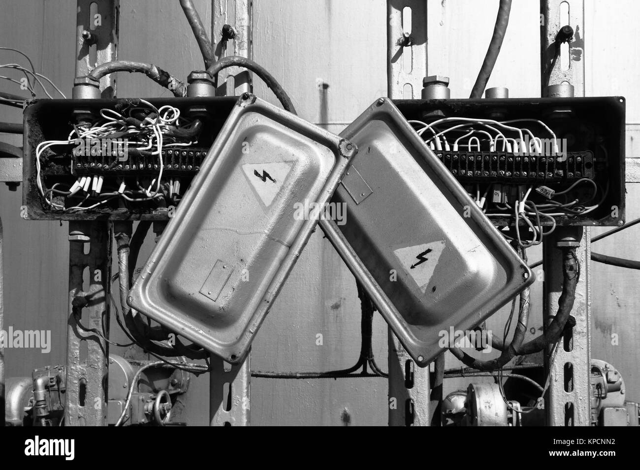 Old rusty electric transformer box with wires Stock Photo - Alamy