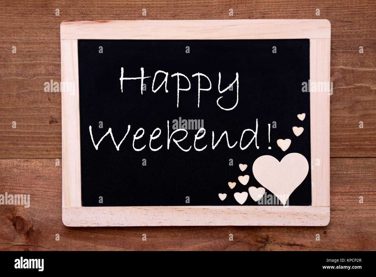 Blackboard With English Text Happy Weekend. Brown Wooden Hearts. Wooden ...