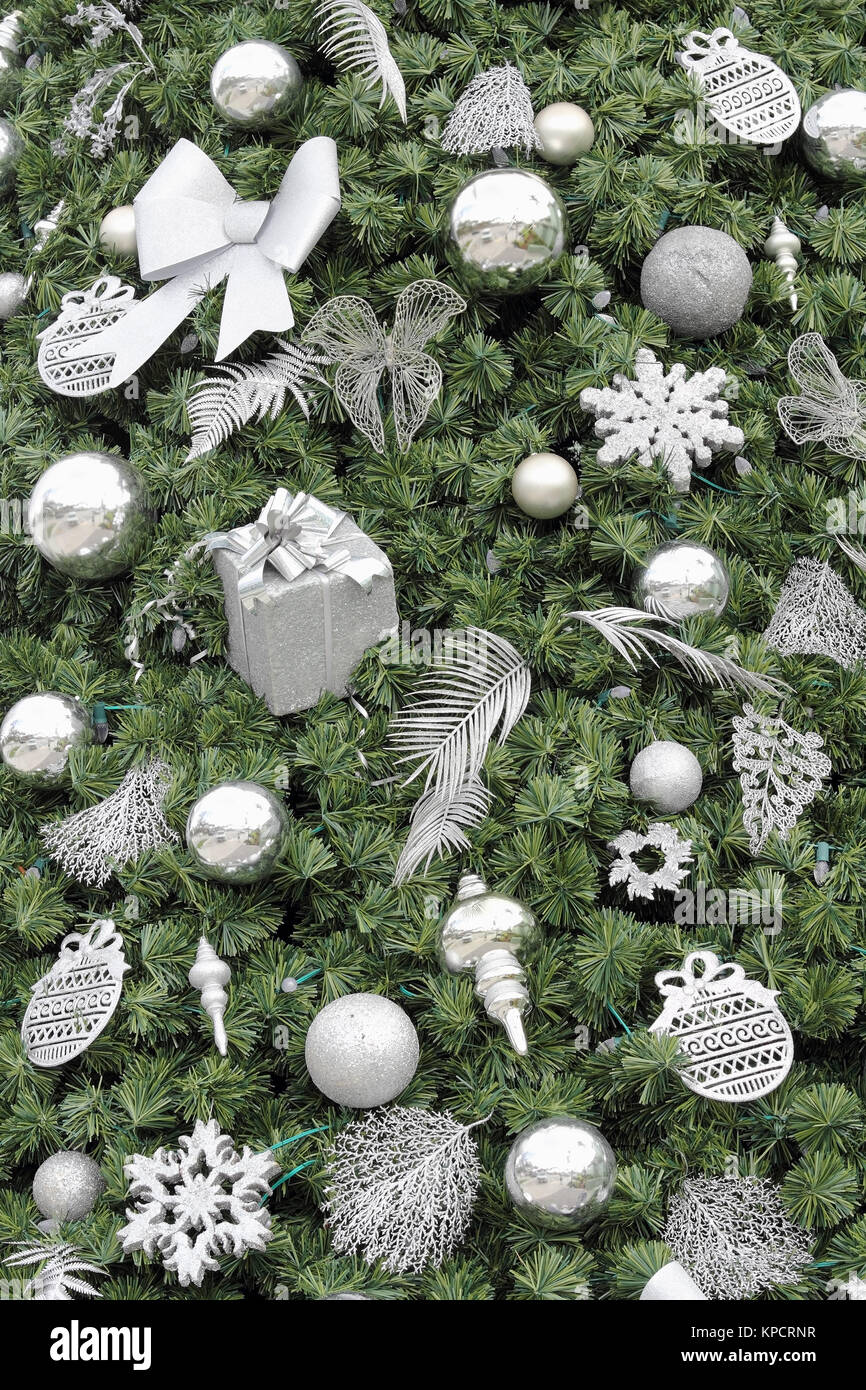 Christmas Tree with Silver Ornaments Background Stock Photo - Alamy