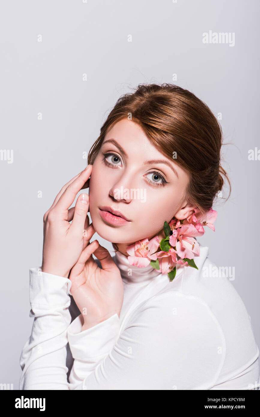 attractive girl with lilies Stock Photo - Alamy