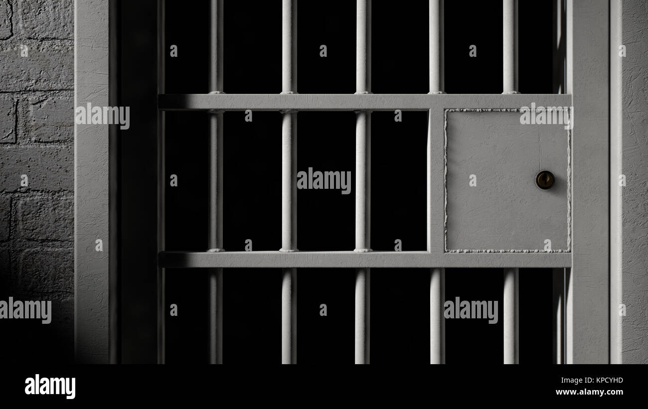 A closeup of the locking mechanism of a closed jail cell with welded ...