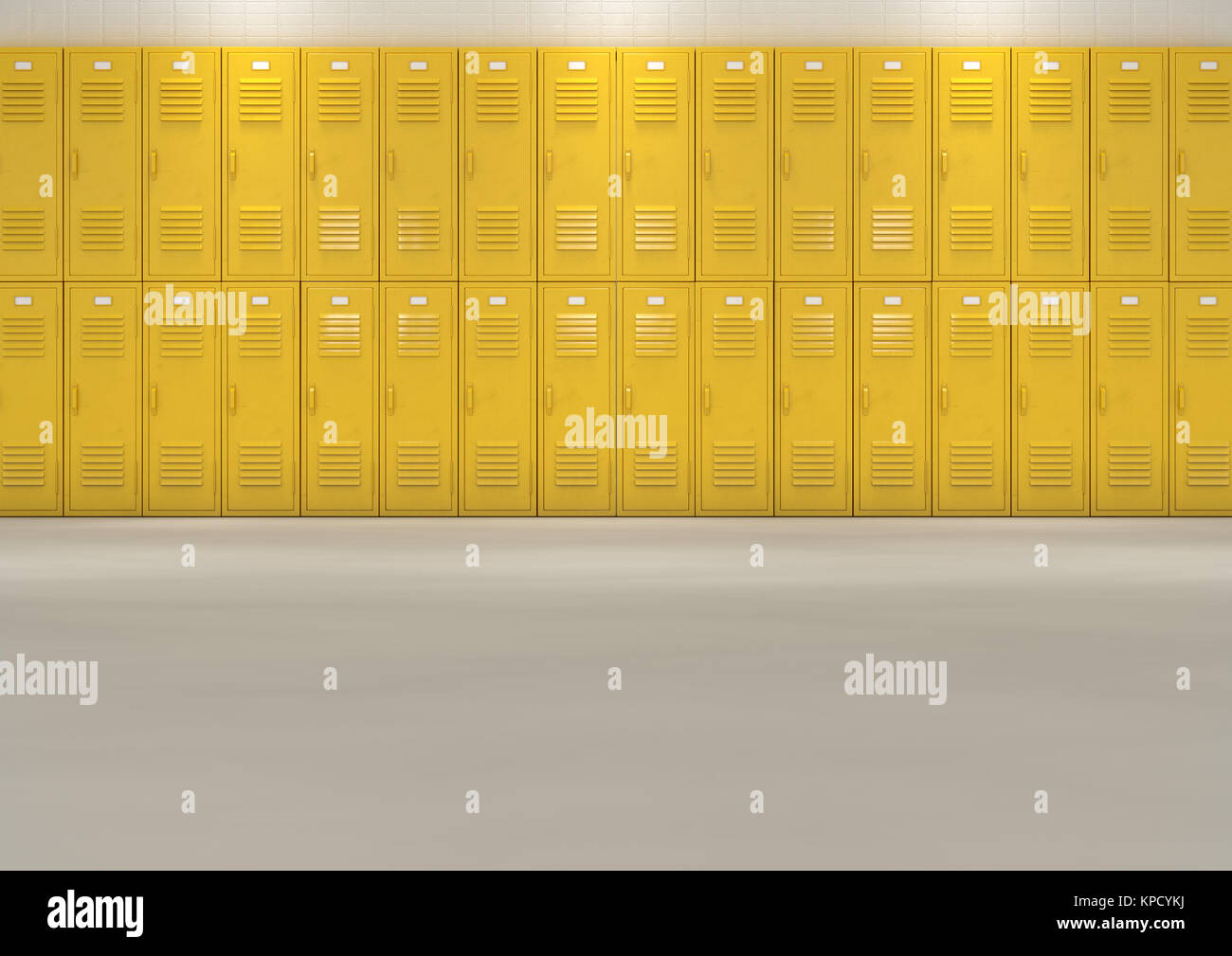 A flat look at a well lit stack of yellow lockers in a school hallway ...