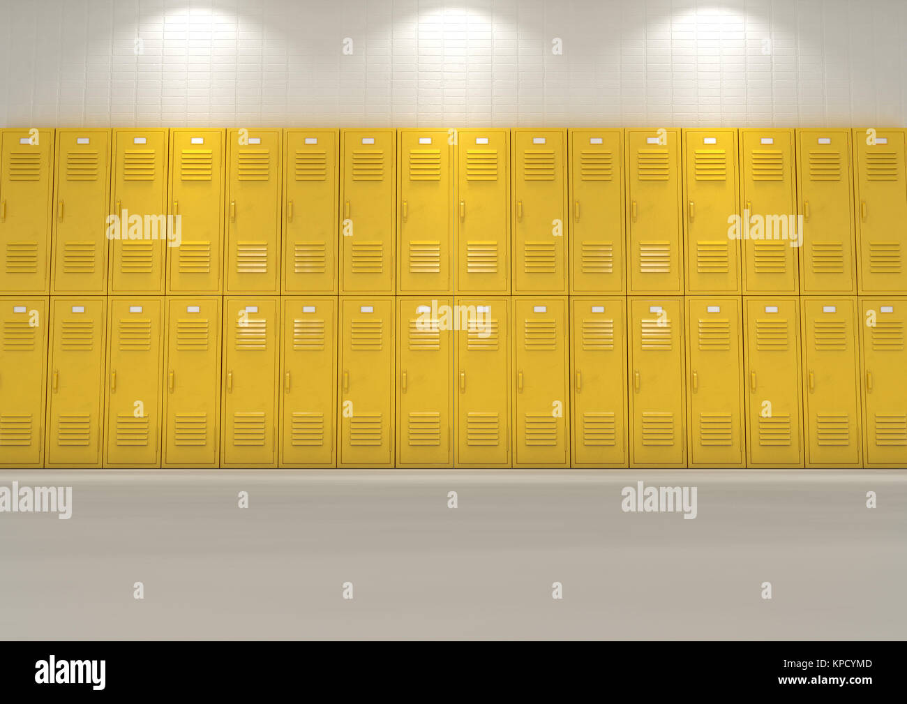 A flat look at a well lit stack of yellow lockers in a school hallway ...