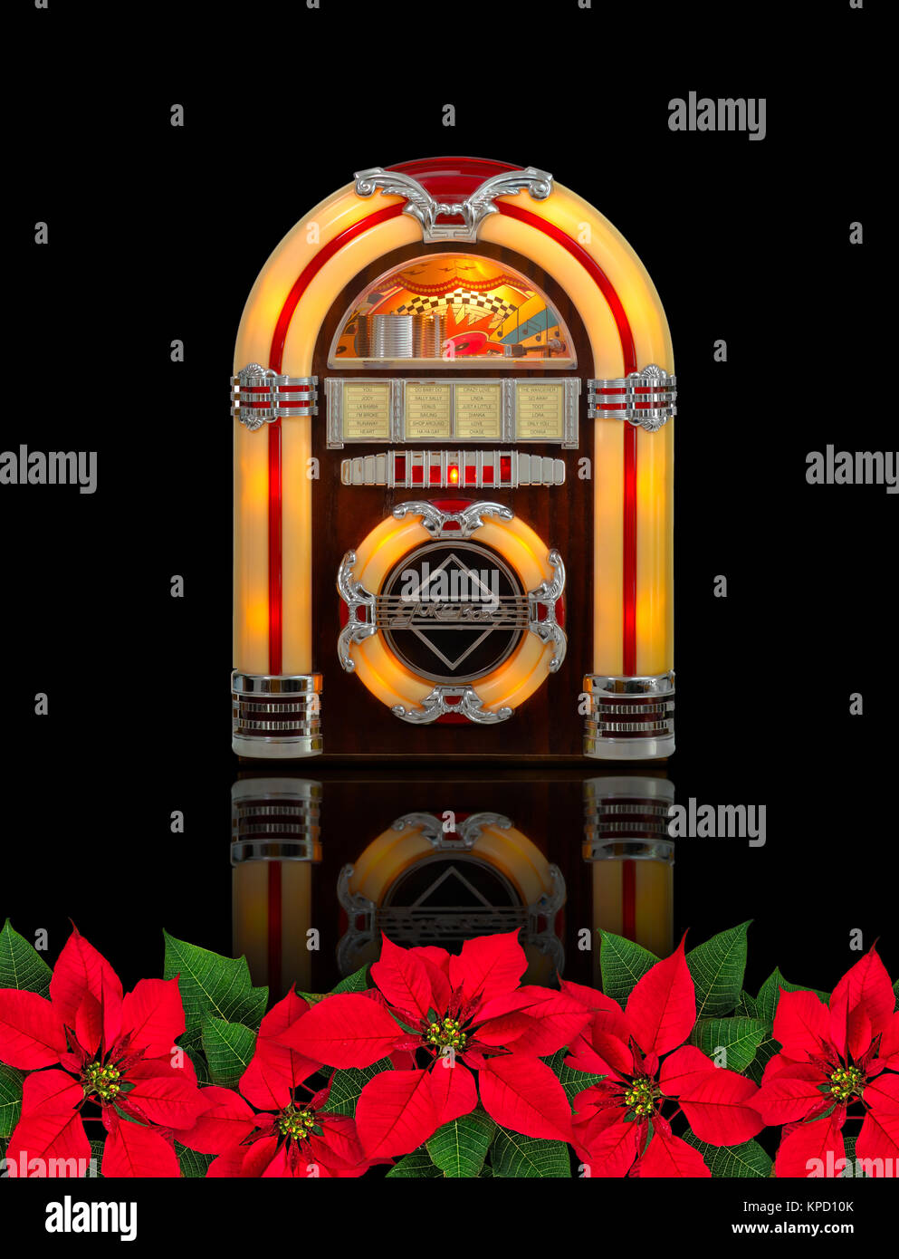 Retro juke box radio with Red Poinsettia flower christmas ornament ...