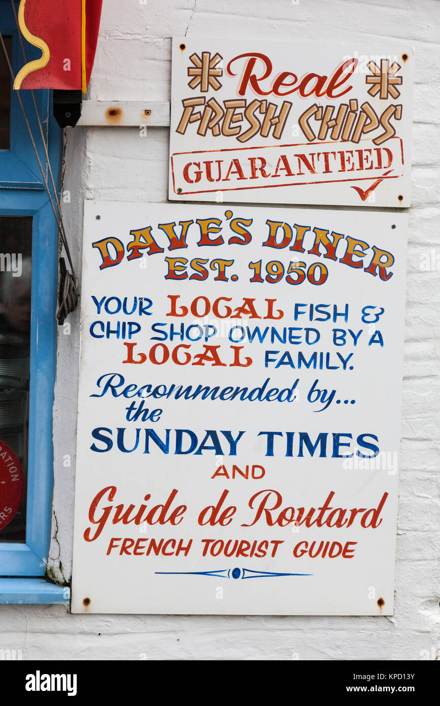 Sign for the recommended Fish & Chip shop 'Dave's Diner' in Looe ...
