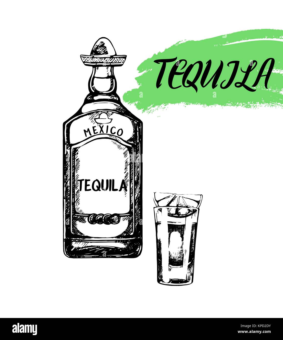 Set of hand drawn sketch style tequila bottle and tequila shot. Vector ...