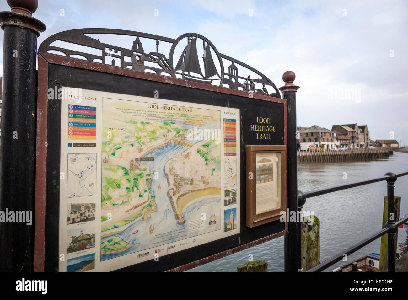 Large sign detailing the 'Looe Heritage Trail' on the harbourside at ...