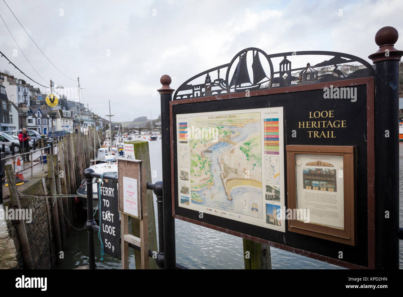 Large sign detailing the 'Looe Heritage Trail' on the harbourside at ...