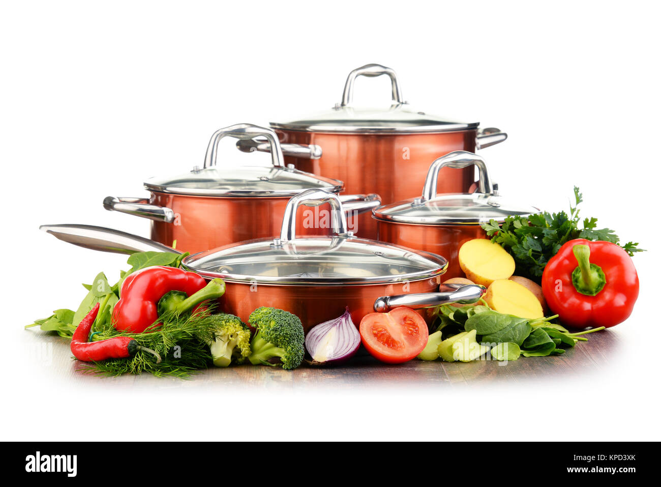 Set of pots and raw vegetables isolated on white background Stock Photo ...