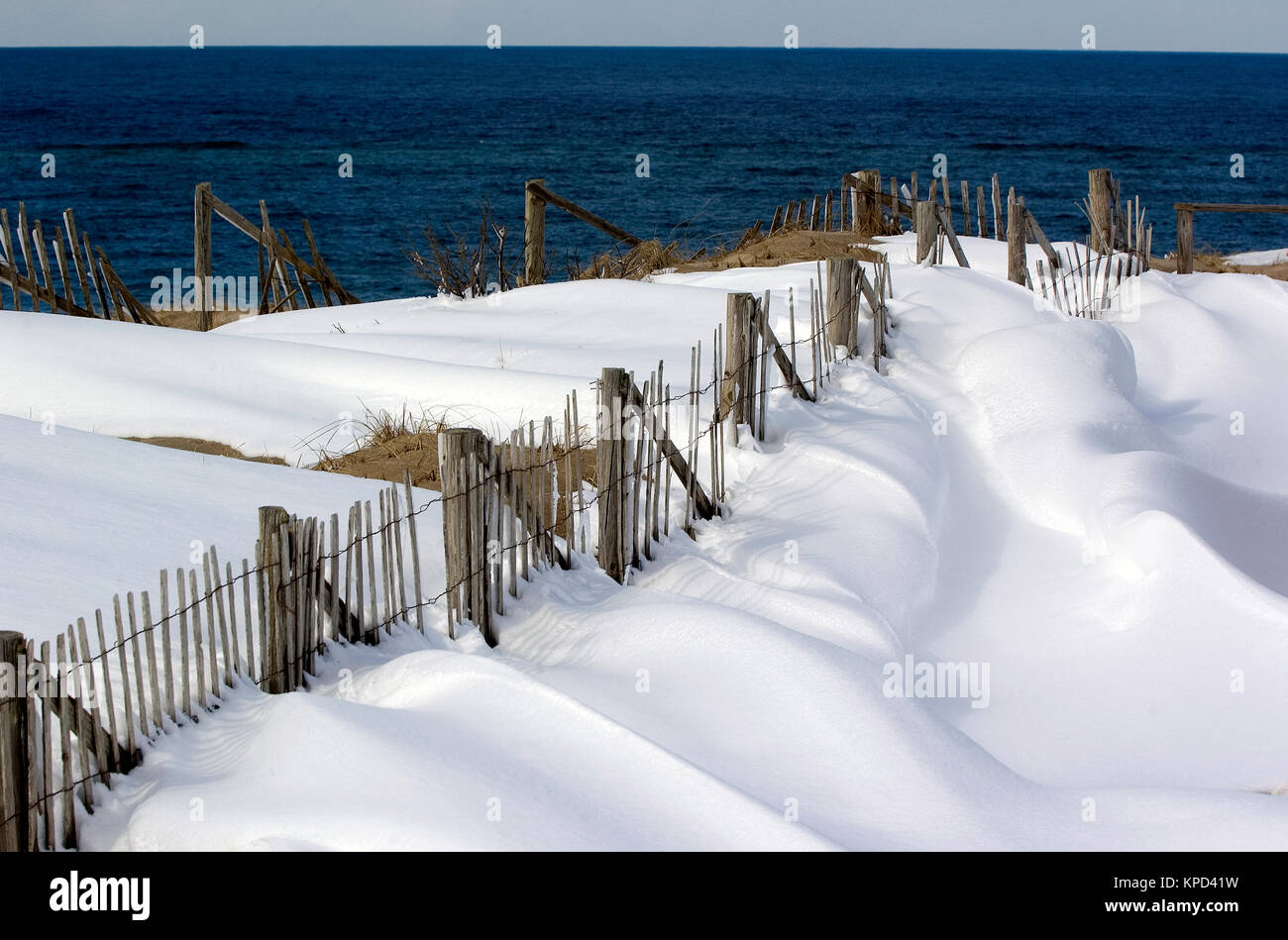 Snow capped sand dunes and fence in Provincetown, Massachusetts on Cape ...