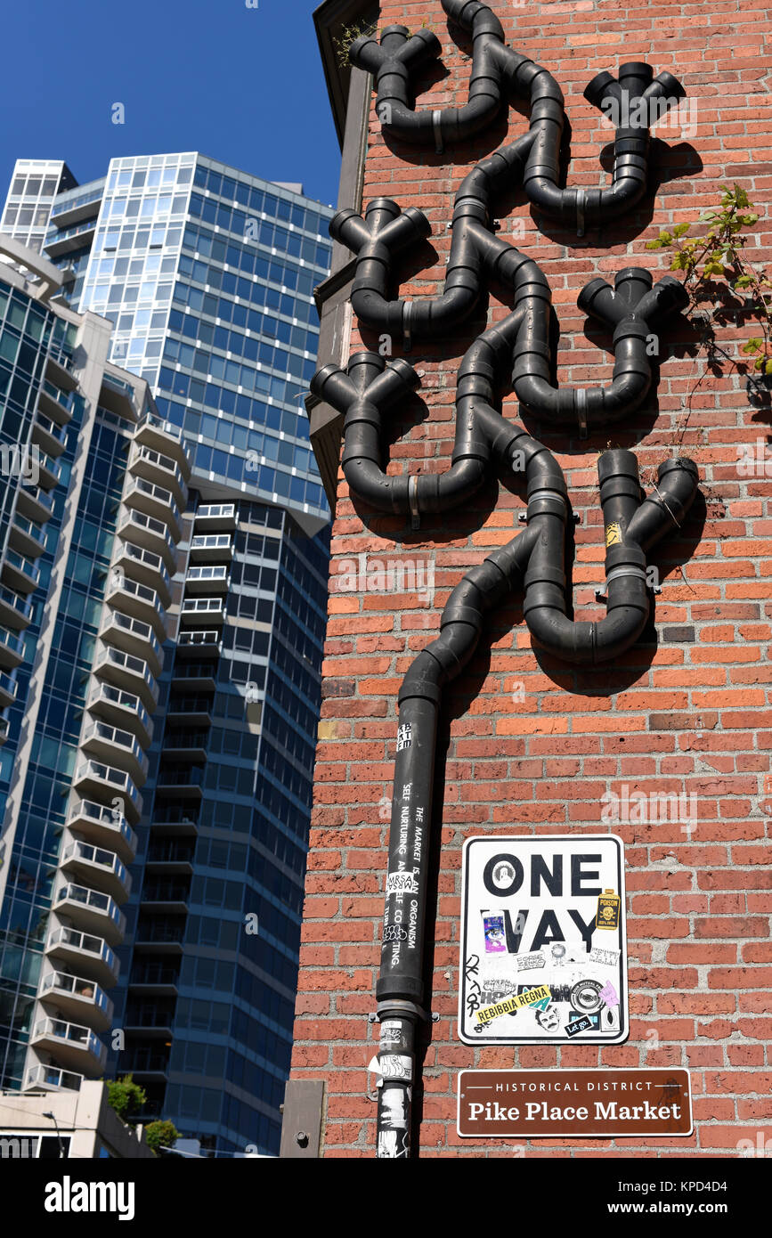 Artistic drain pipe behind Pike Place Market, Seattle, Washington Stock ...
