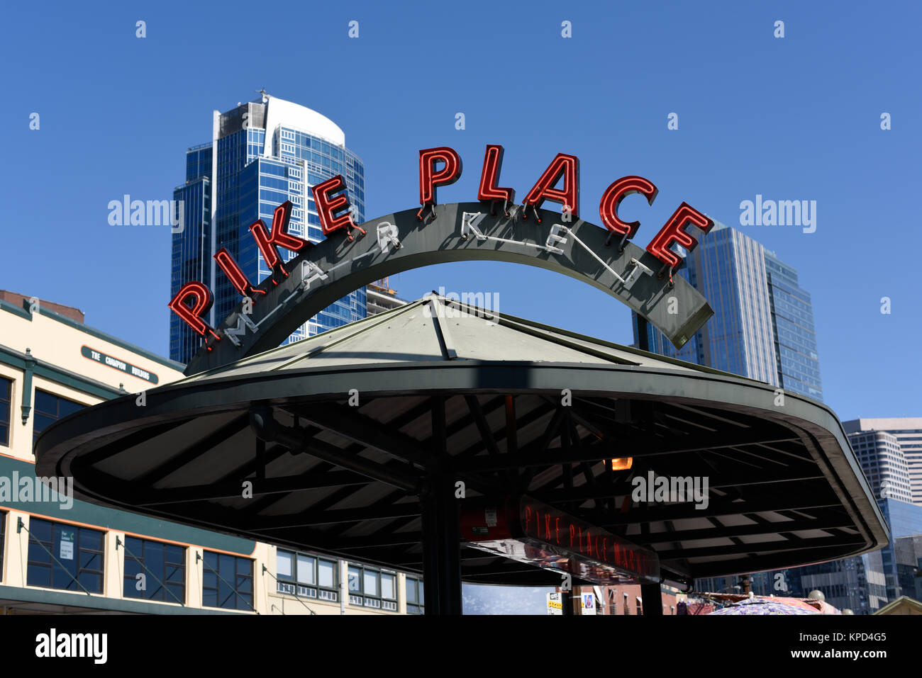 Pike Place Market bus stop with Neon sign, Seattle, Washington Stock ...