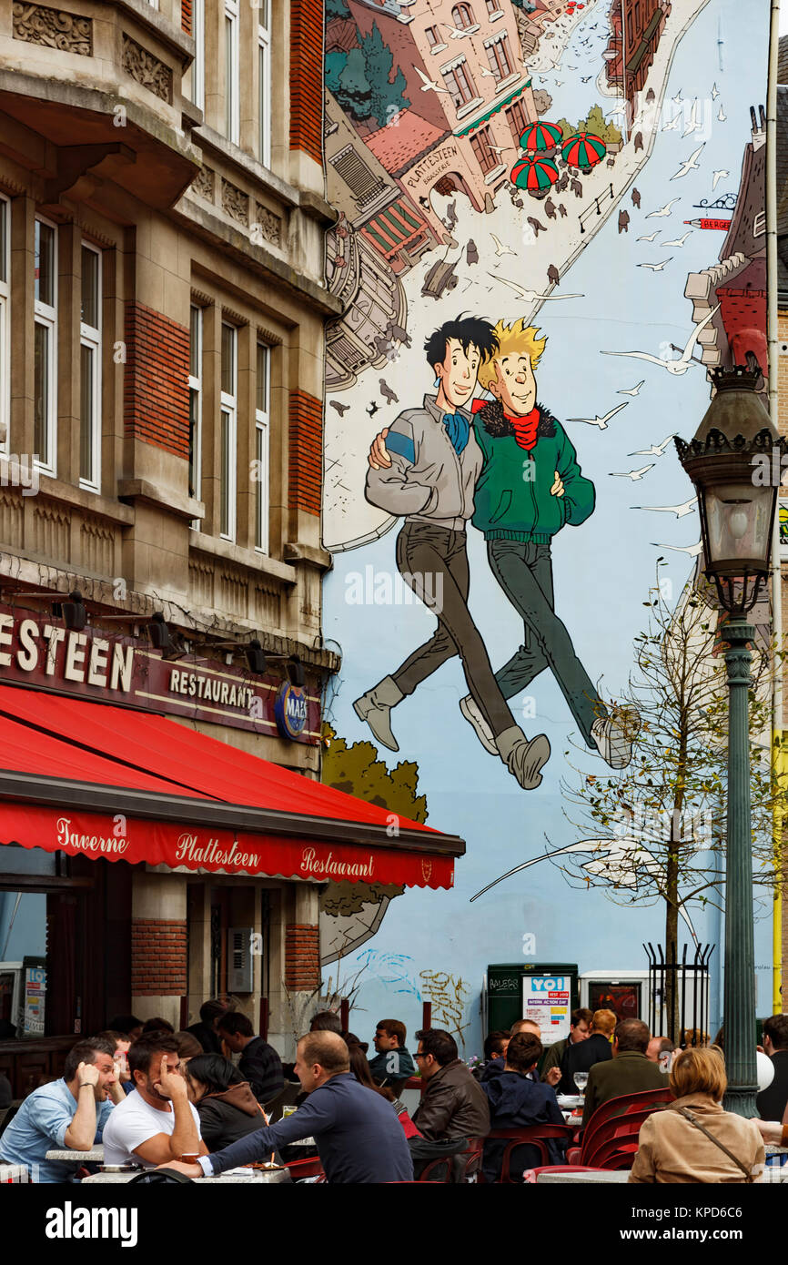 Cartoon painted on a building and cafe, Comic Strip Walk, Brussels ...