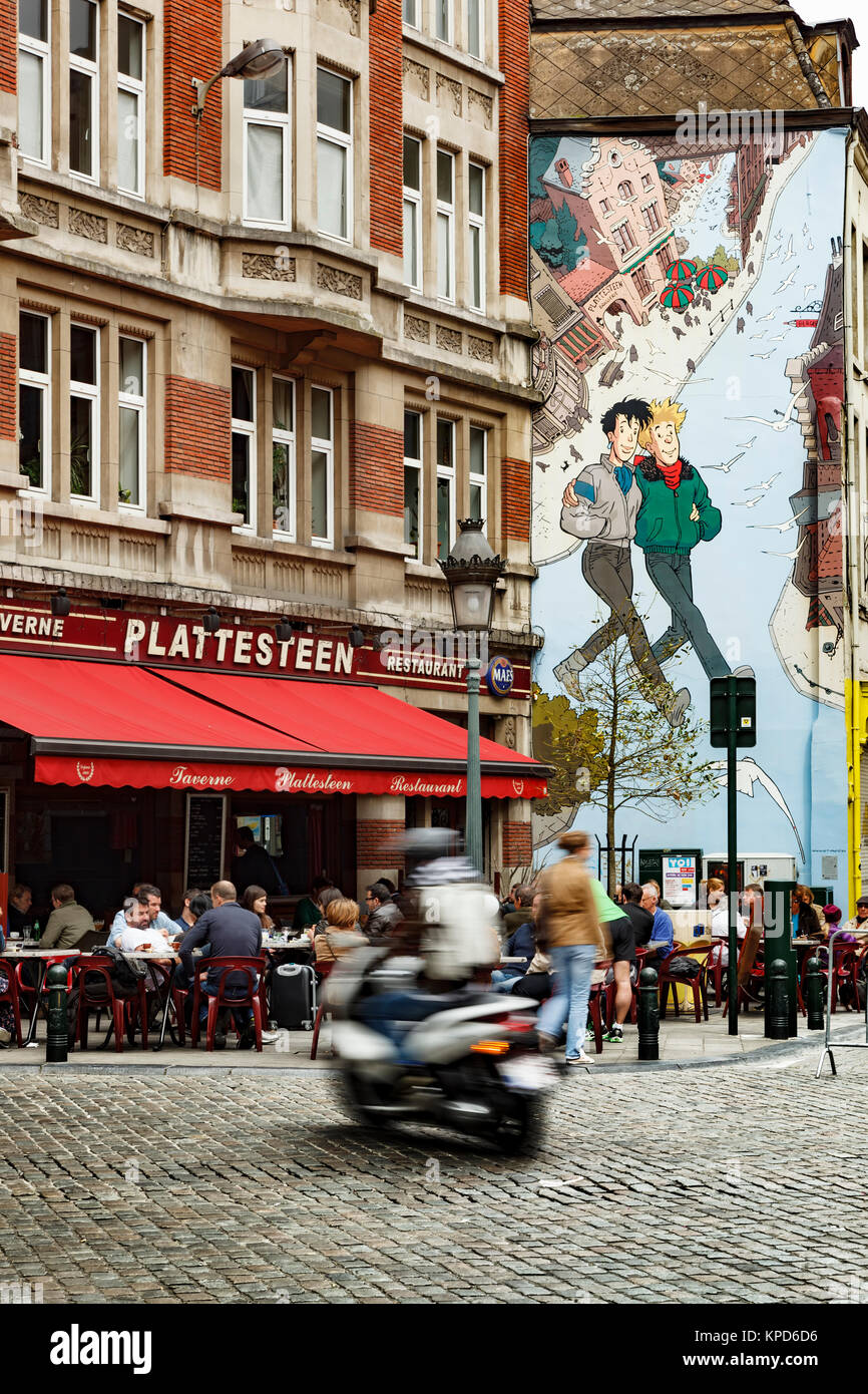 Cartoon painted on a building and cafe, Comic Strip Walk, Brussels ...