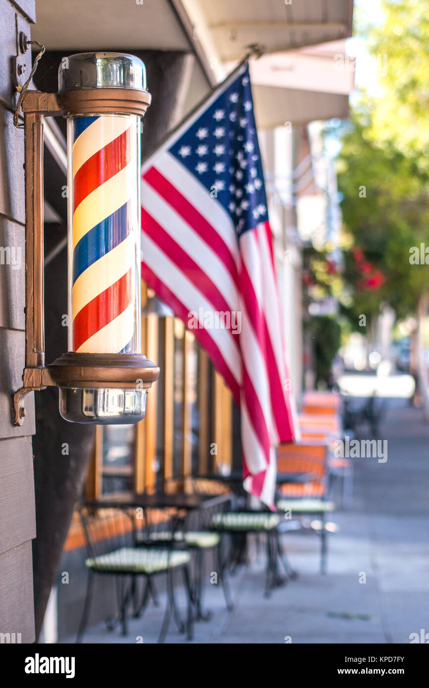 View of a classical barber shop with an american flag in Sausalito ...