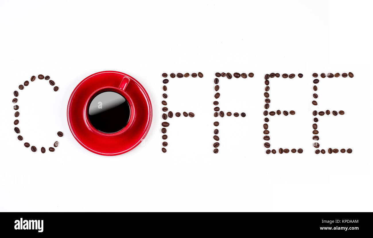 Coffee text with coffeebeans and red cup Stock Photo - Alamy