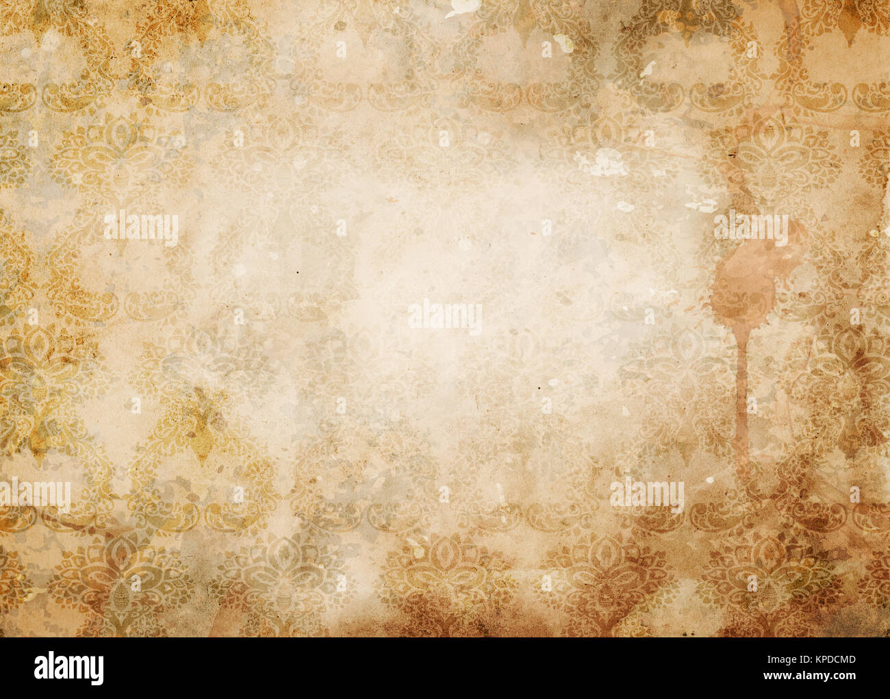 Aging grunge paper background with vintage pattern and coffee stain ...