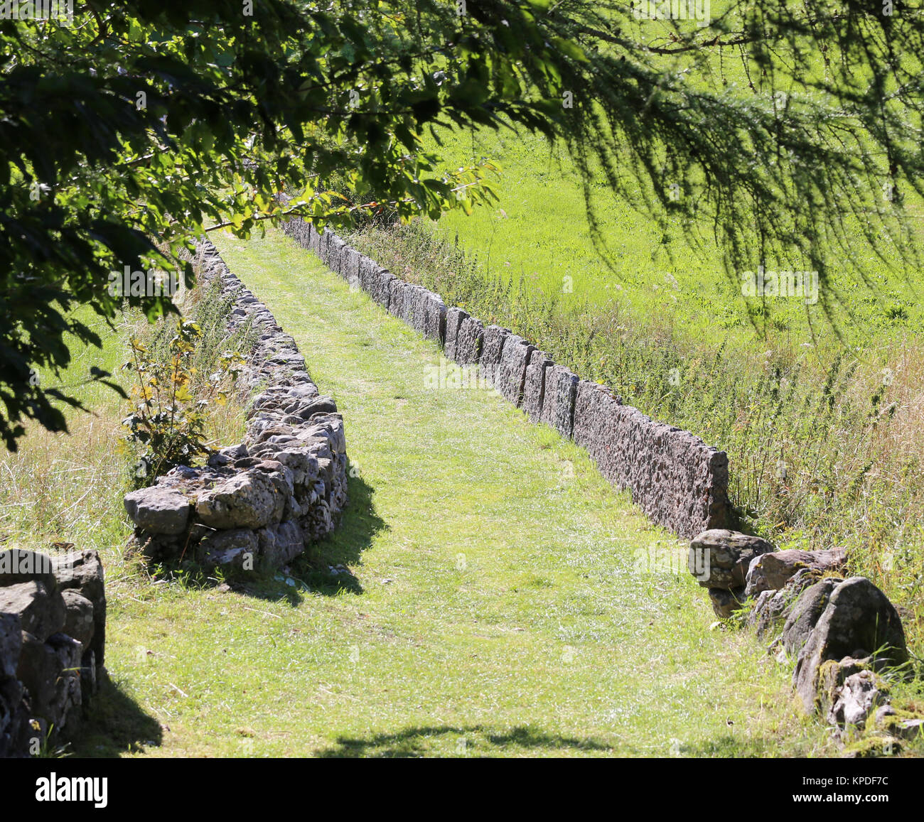long mountain path bordered by stone slab in summer Stock Photo - Alamy