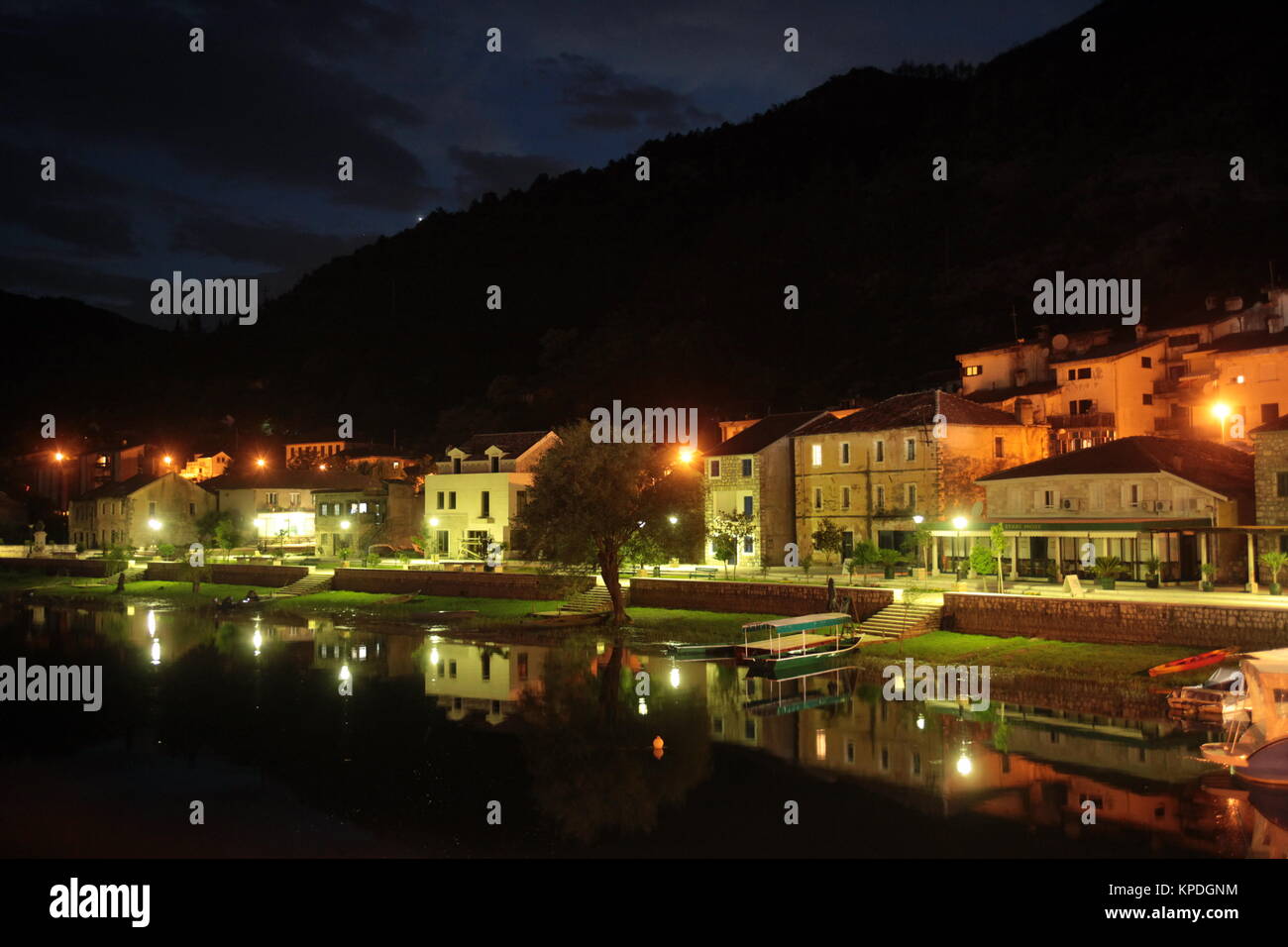 the river and Town of Rijeka Crnojevica at the west end of the Skadarsko Jezero Lake or Skadar ...