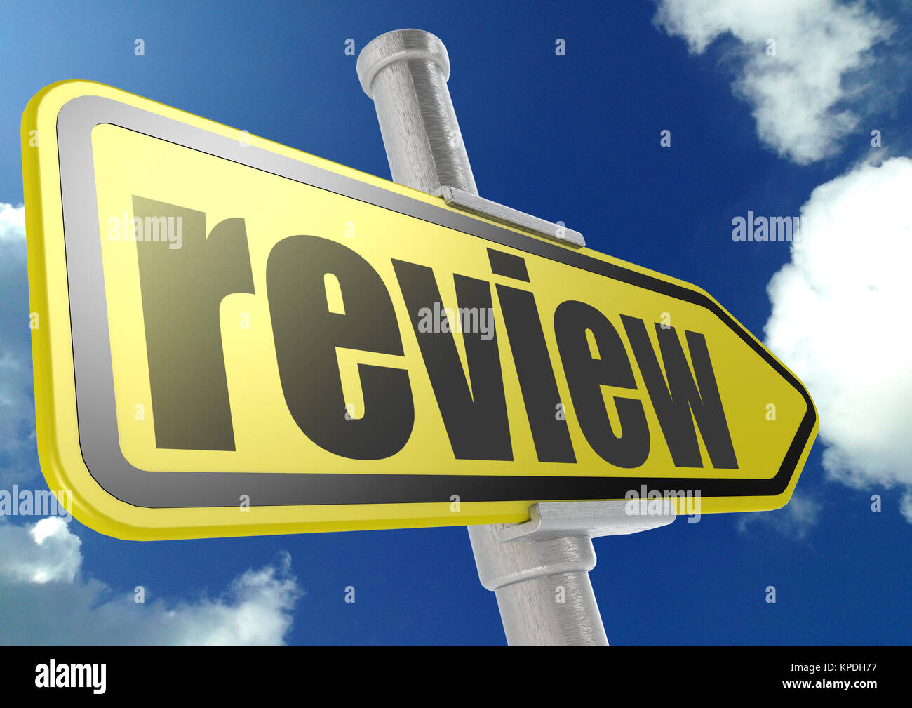 Yellow road sign with review word under blue sky Stock Photo - Alamy