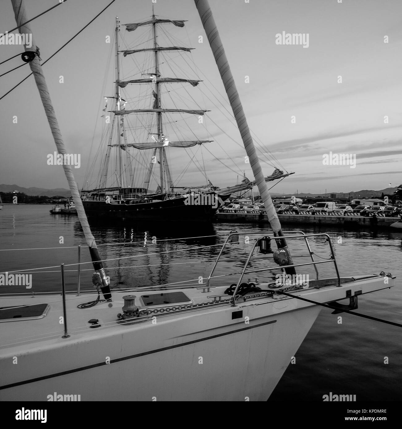 A two-masted sailing ship laying at quay in Olbia marina, Sardinia ...