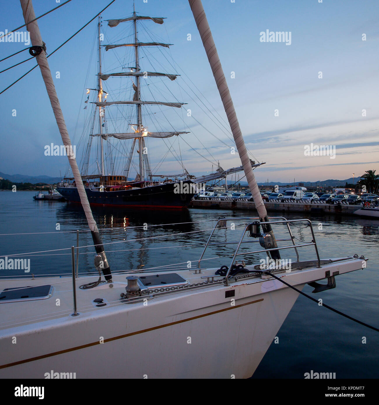 A two-masted sailing ship laying at quay in Olbia marina, Sardinia ...