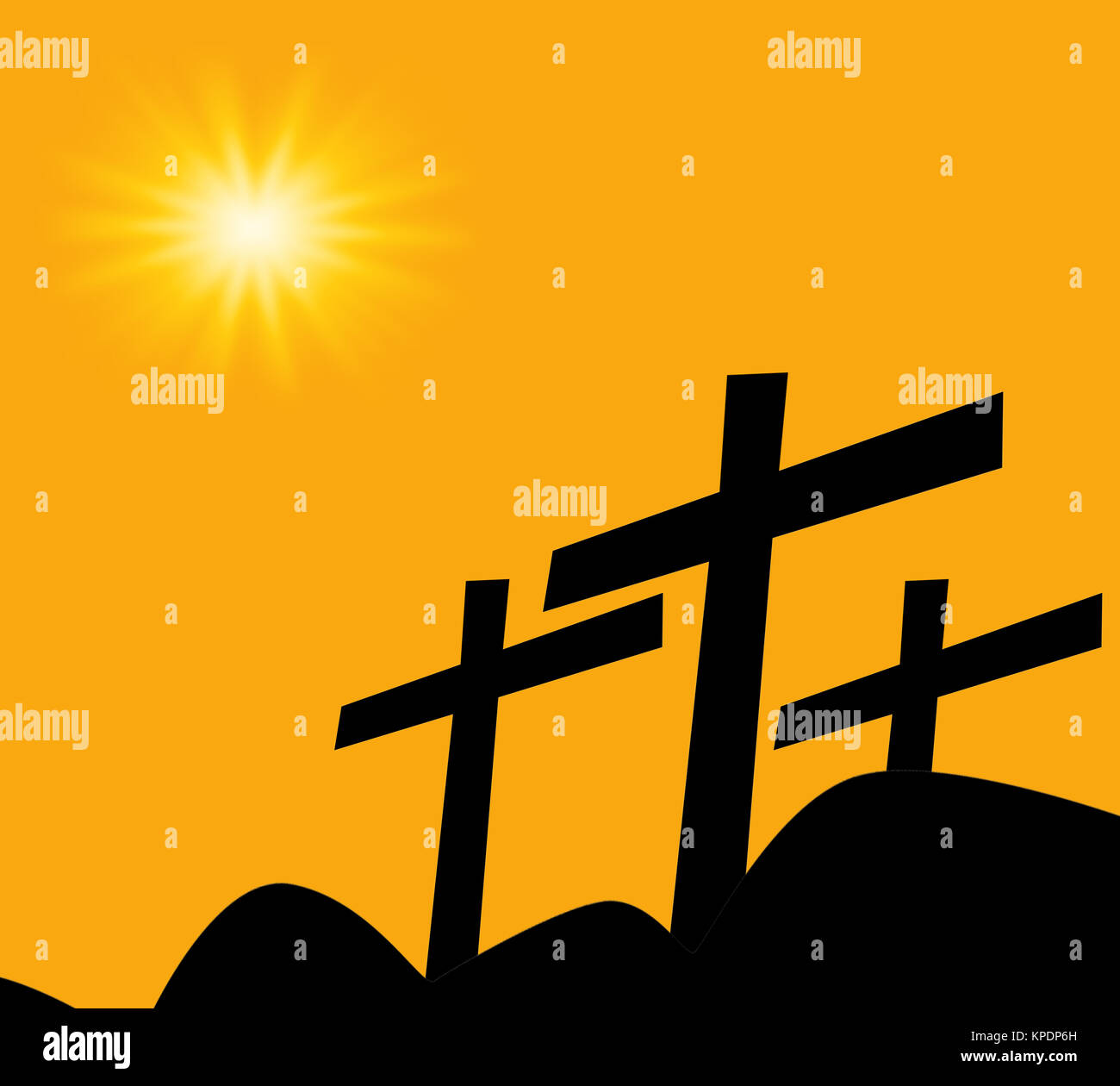 Three cross on hill with sunset Stock Photo - Alamy