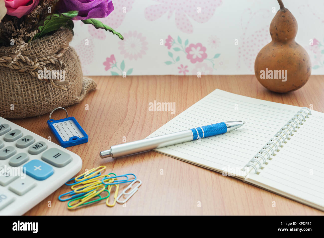 Office table with notepad view from above with copy space Stock Photo ...